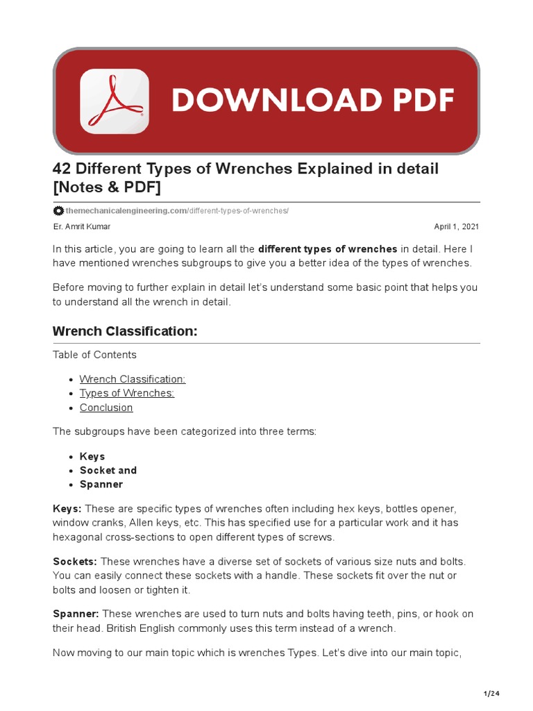 42 Different Types of Wrenches Explained in Detail Notes PDF | Download ...