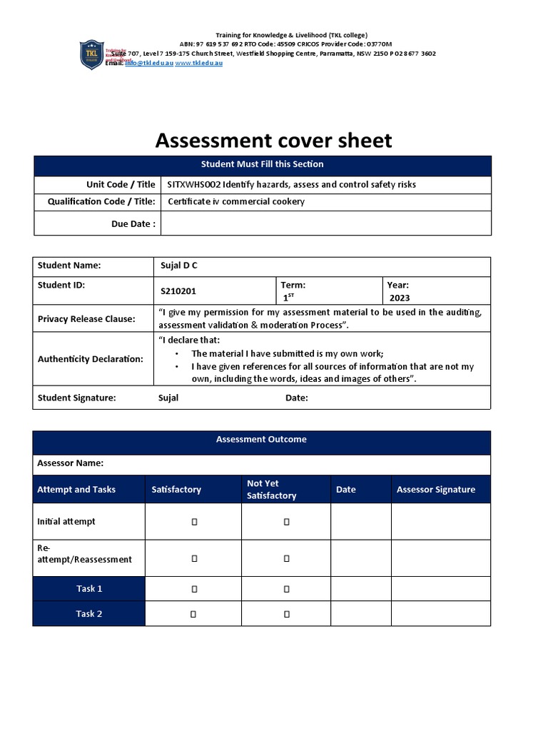 SITXWHS002 Student Assessment Tasks (Identify Hazards, Assess and ...