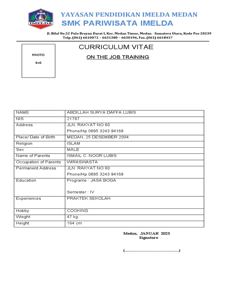SMK Pariwisata Imelda: Curriculum Vitae | PDF