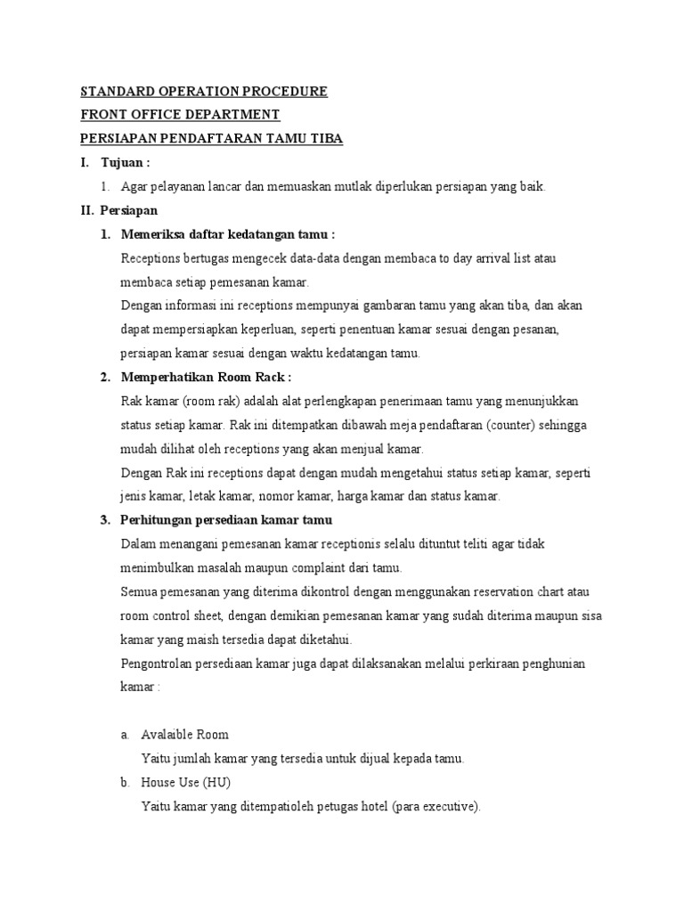 Sop Reception (Persiapan Pendaftaran Tamu Tiba) | PDF