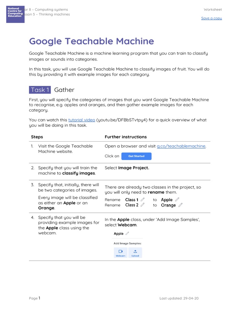 A4 Worksheet - Teachable Machine | PDF
