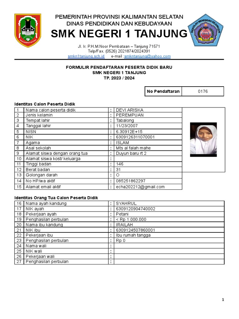 Bukti Formulir SMKN 1 Tanjung No Pendaftaran:0176 - Devi Ariska | PDF