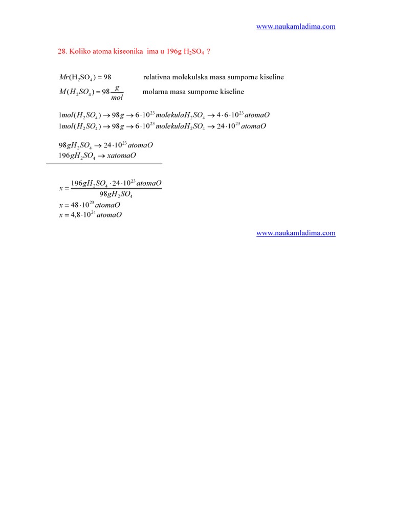 Atoms of Oxygen in 196g H2SO4 | PDF