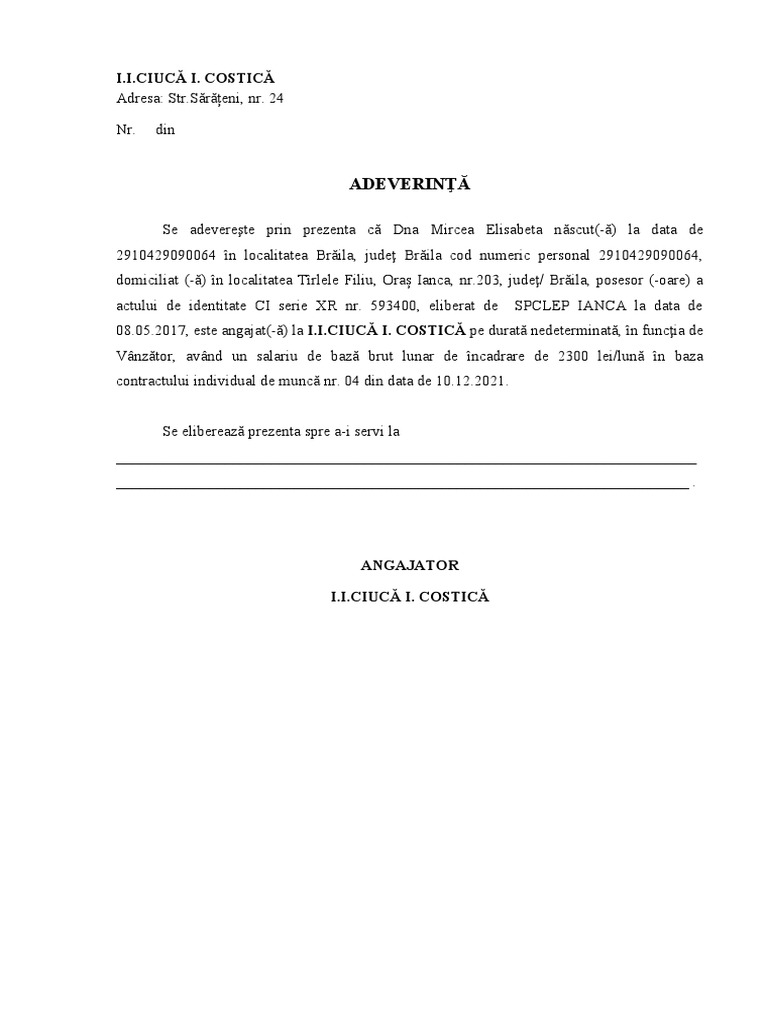 Model Adeverinta Salariat | PDF