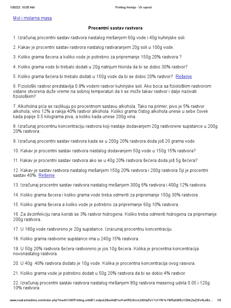 Hemija - VII Razred Molarna Masa | PDF