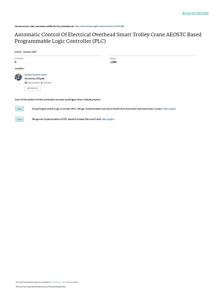 Automatic Control of Electrical Overhead Smart Trolley Crane AEOSTC Based Programmable Logic ...