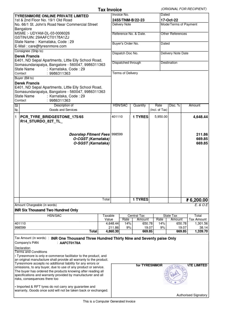 Tax Invoice: Doorstep Fitment Fees O-CGST (Karnataka) O-SGST (Karnataka ...