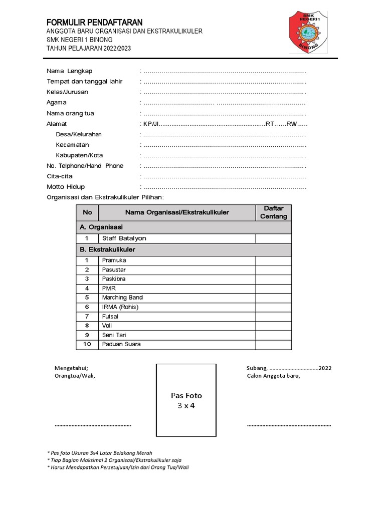Formulir Pendaftaran Organisasi Dan Ekstrakulikuler | PDF