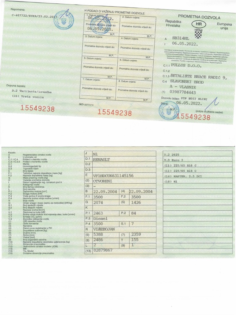 Prometna Dozvola - Renault-Kombi - SB314HL | PDF