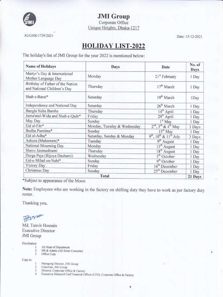 Holiday List 2022 For Bangladesh | PDF | Public Holiday | Observances