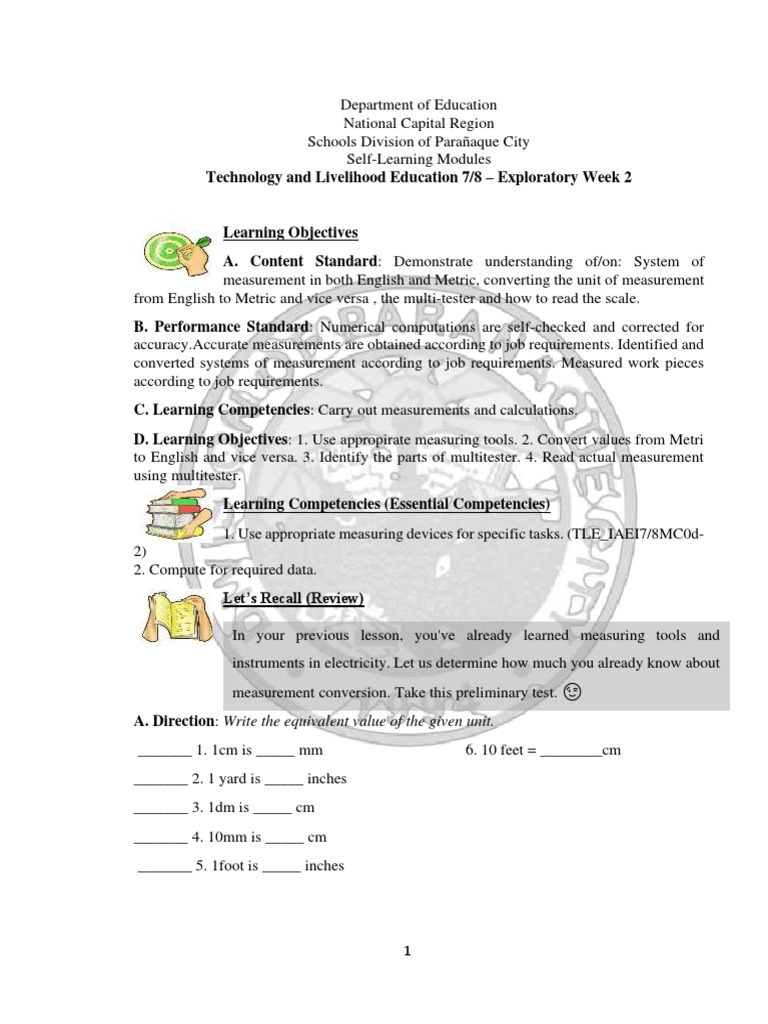 TLE 7 and 8 - EIM - Week2 | PDF | Foot (Unit) | Measurement