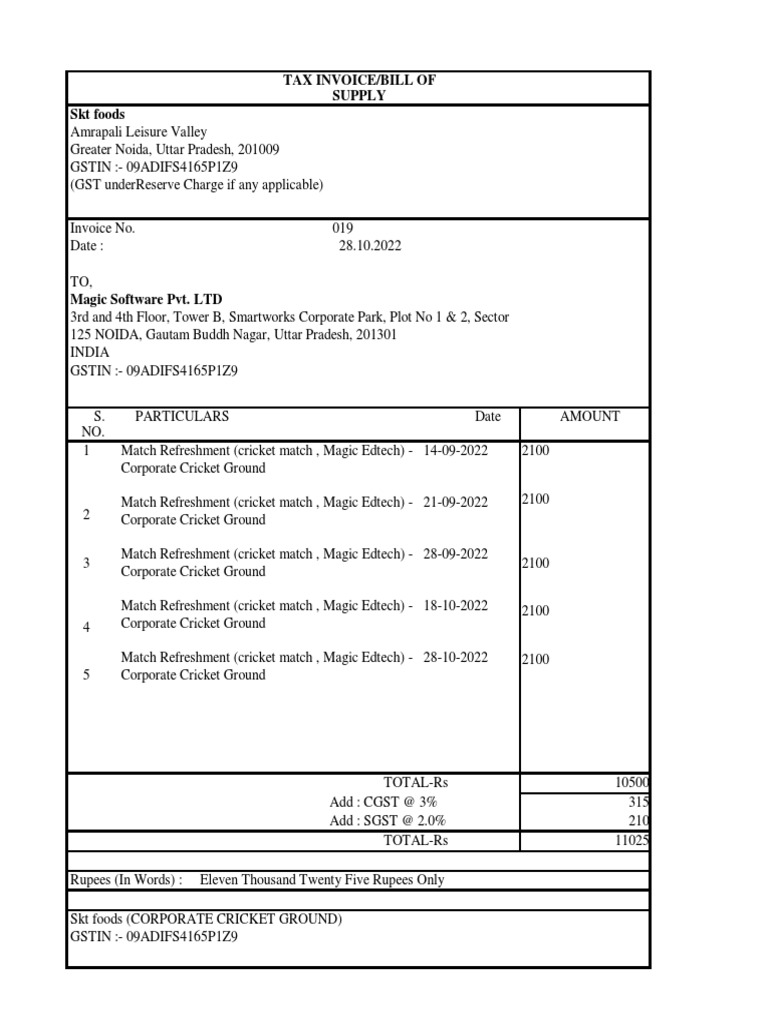 Tax Invoice for Cricket Match Refreshments | PDF