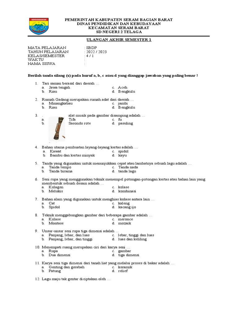 Soal SBDP Kelas 4 Semester 1 | PDF | Seni