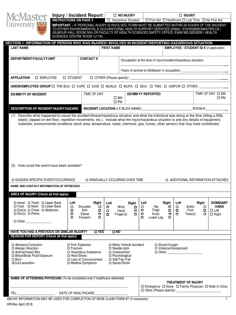 Injury Incident Report Form | PDF | Occupational Safety And Health ...