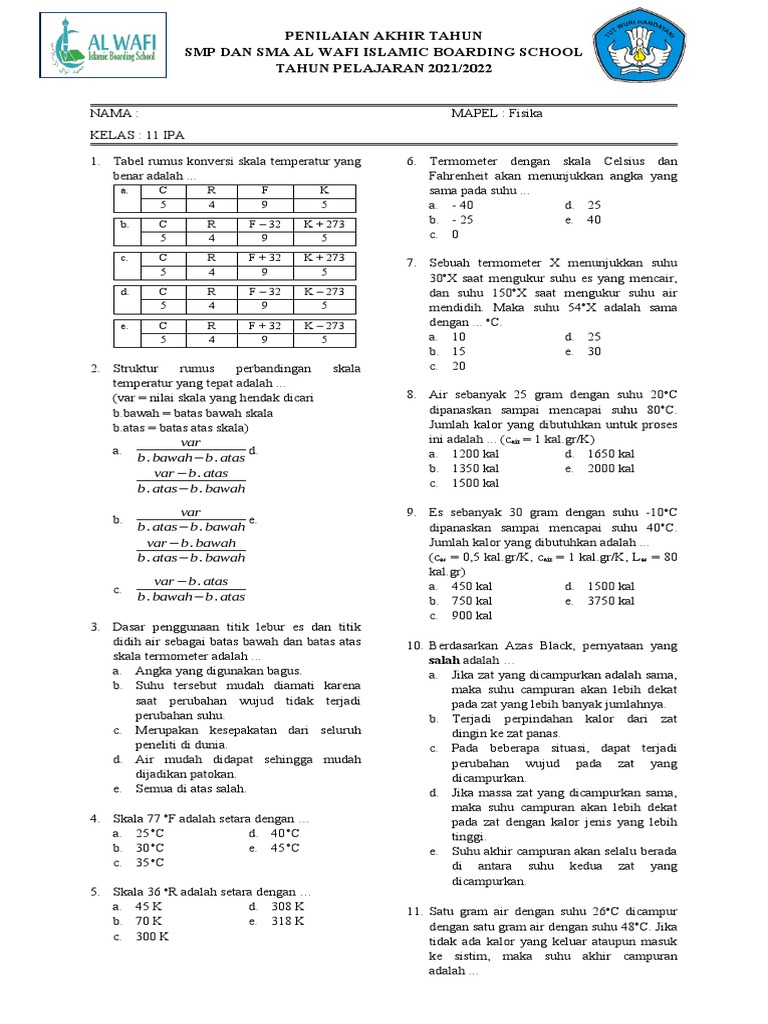 Soal PAT Fisika Kelas 11 Semester 2 2021 - 2022 | PDF