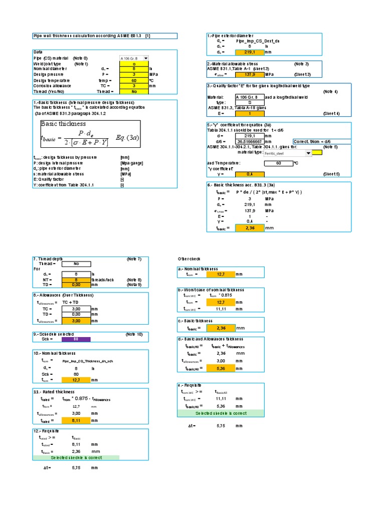 ASME B31.3 Pipe Thickness Calculation | PDF | Pipe (Fluid Conveyance ...