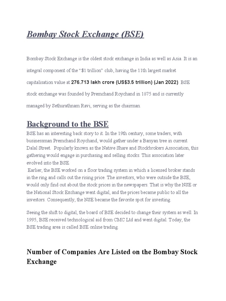 Bombay Stock Exchange (BSE) : Background To The BSE | PDF