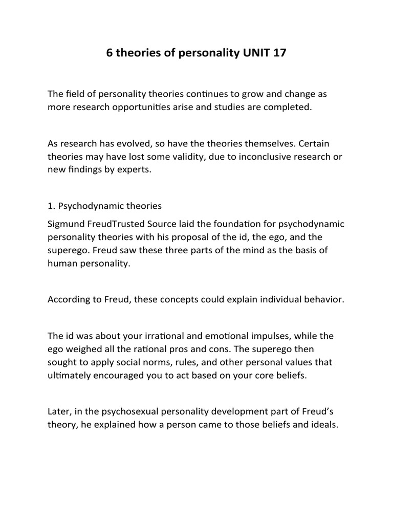 6 Theories of Personality UNIT 17 | PDF | Id | Personality Psychology