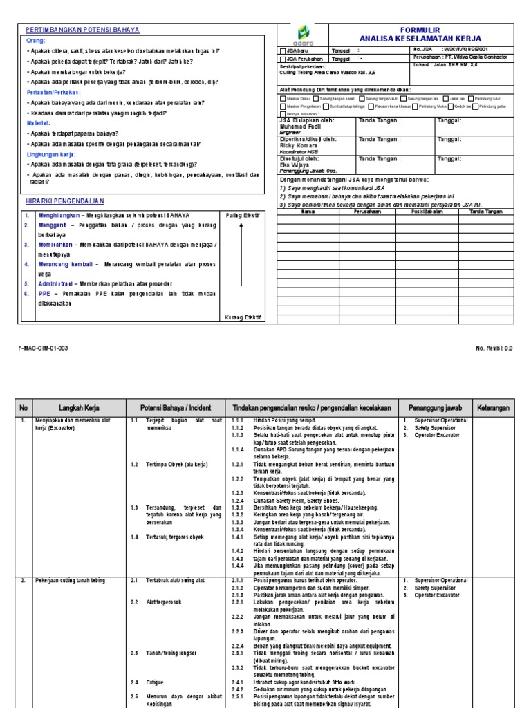 JSA WSC-IV-QHSE-001 (Cutting Tebing Pakai Excavator) | PDF