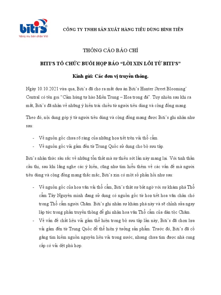 Thông Cáo Báo Chí Biti's | PDF