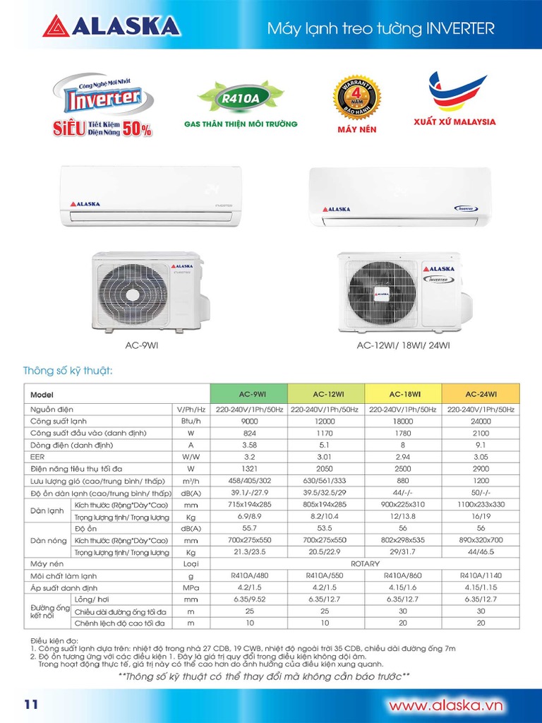 CATALOGUE ĐIỀU HÒA ALASKA (Thông số kỹ thuật) | PDF