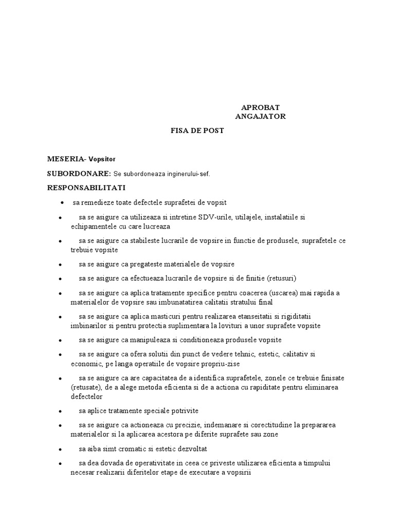 Fisa Postului Vopsitor | PDF