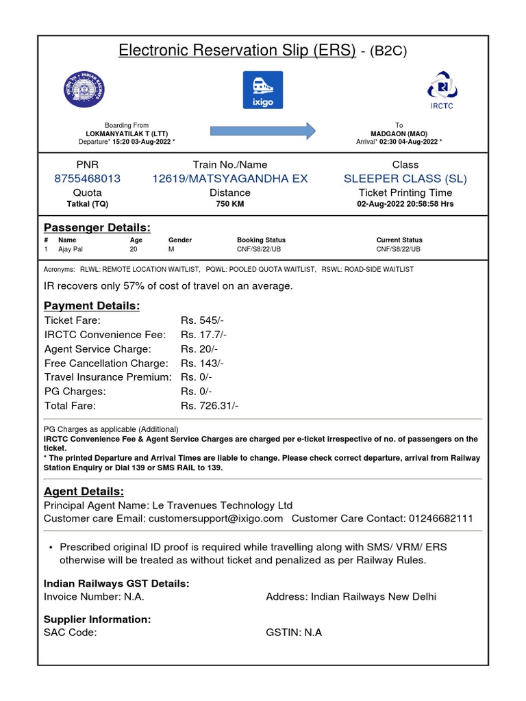Electronic Reservation Slip (ERS) : 8755468013 12619/matsyagandha Ex ...