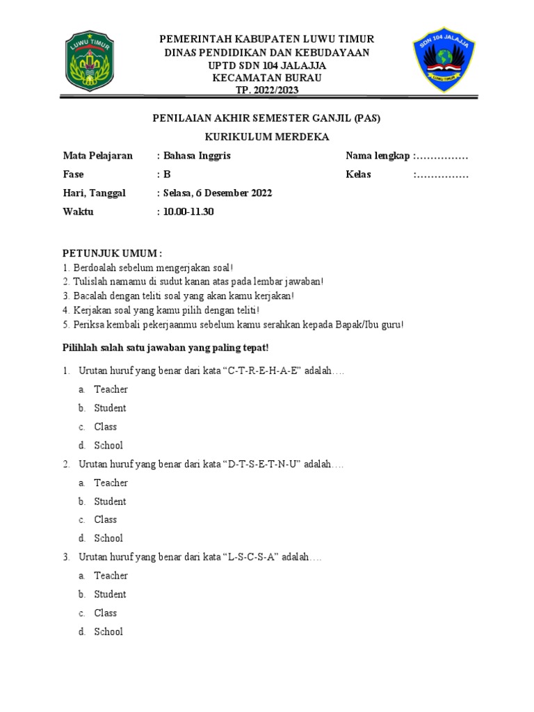 Penilaian Akhir Semester Ganjil Kelas 4 | PDF