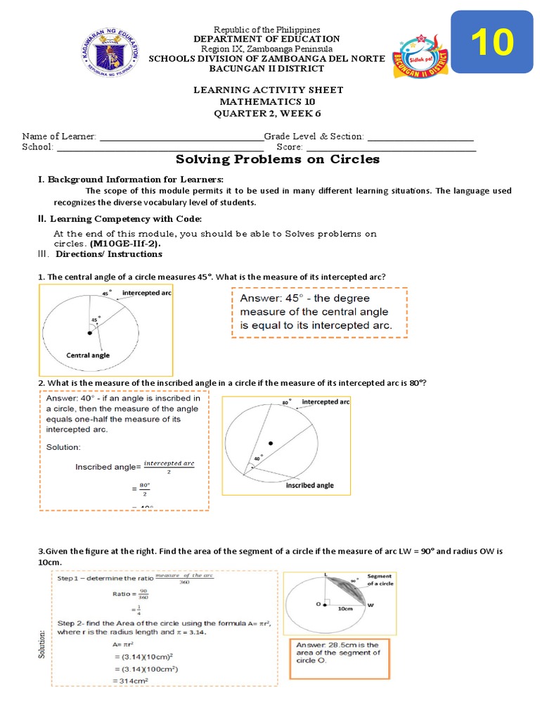 Mathematics 10 LAS Q2 WEEK 6 | PDF | Circle | Angle