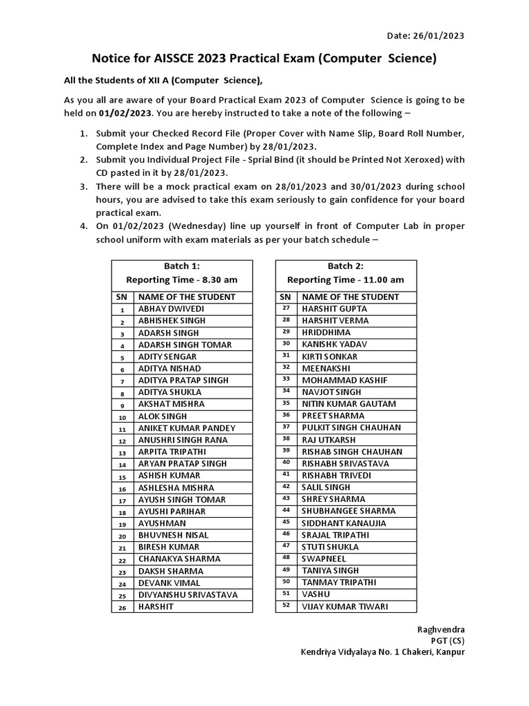 AISSCE 2023 XII A Computer Science Practical Notice | PDF