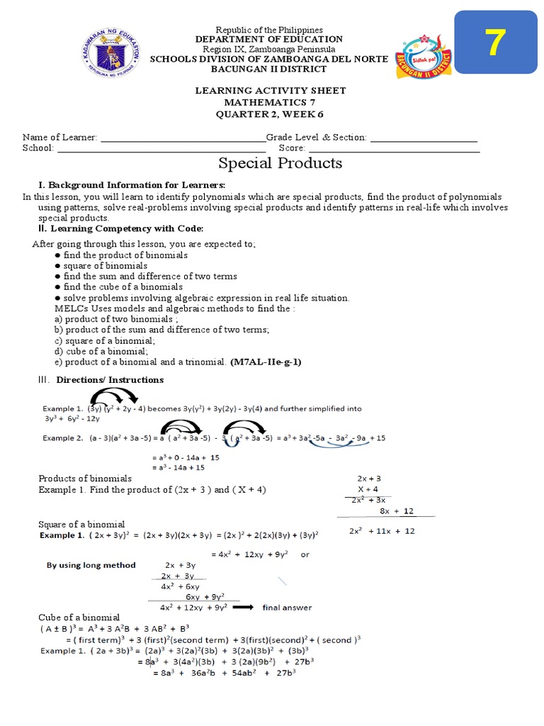 Mathematics 7 LAS Q2 WEEK 6 | PDF | Polynomial | Algebra