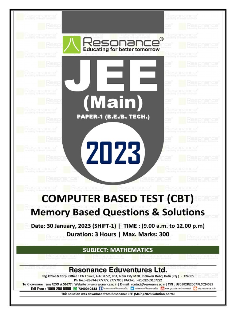 JEE Main 2023 January Session 1 Shift-1 (DT 30-01-2023) Mathematics | PDF | Mathematics ...