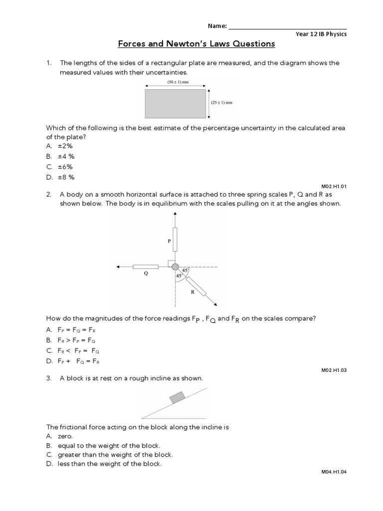 Forces and Newton's Laws Questions | Download Free PDF | Force | Weight