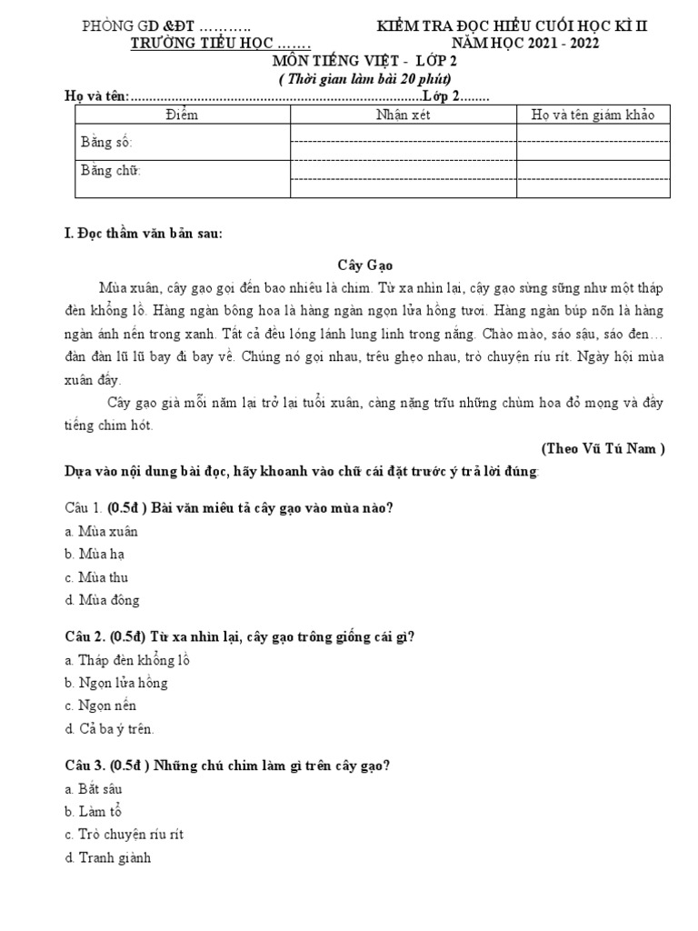 De Thi Hoc Ki 2 Lop 2 Mon Tieng Viet Sach Canh Dieu | PDF