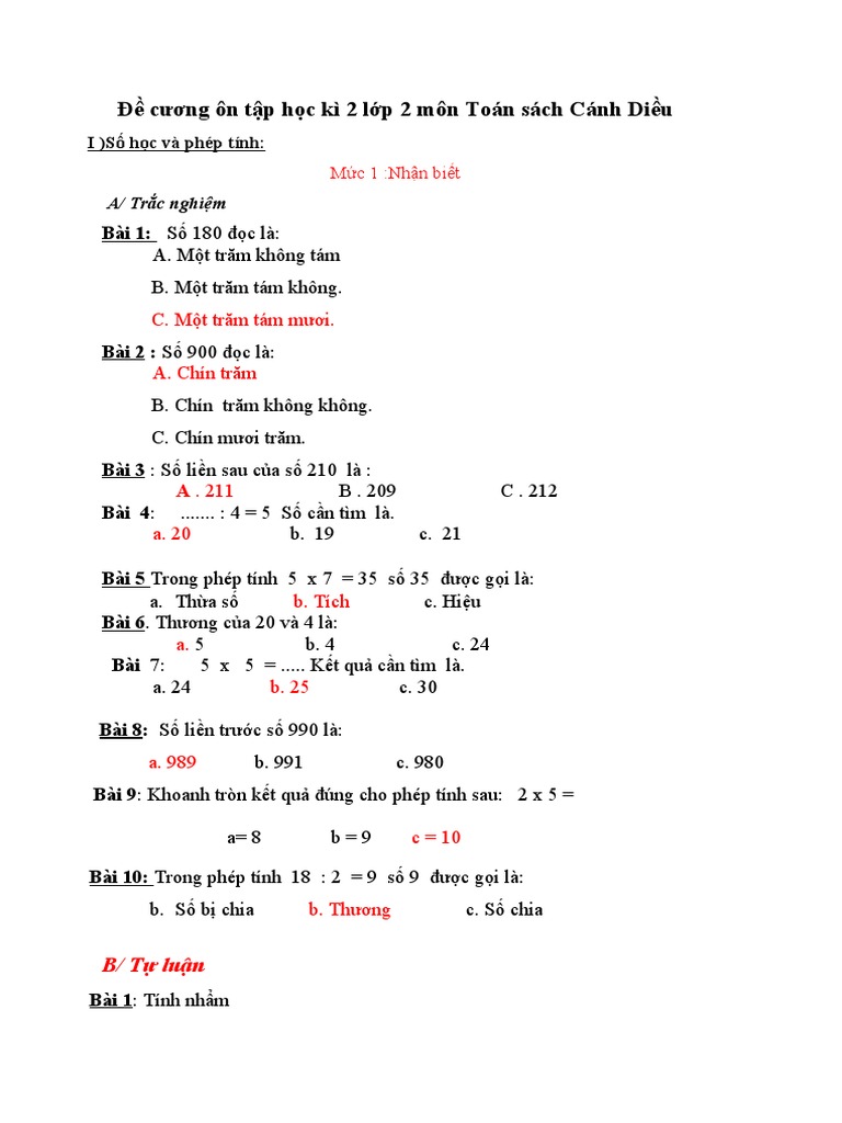 De Cuong On Tap Hoc Ki 2 Lop 2 Mon Toan Sach Canh Dieu | PDF