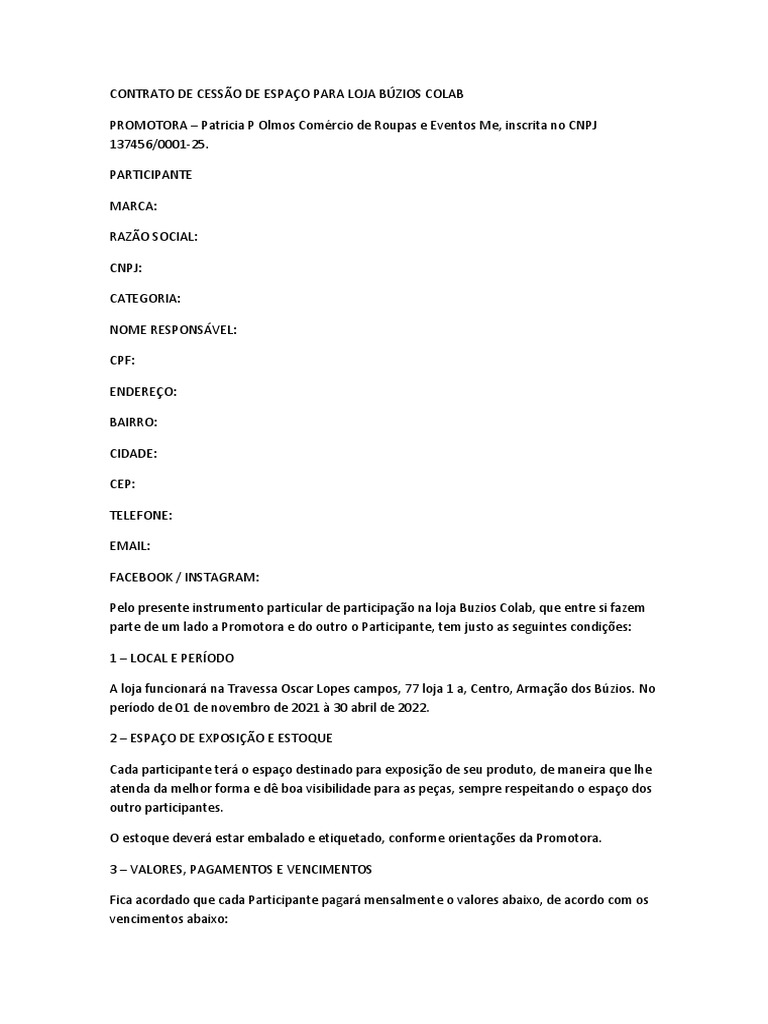 Contrato De Cessao De Espaco Para Loja Buzios Colab Pdf