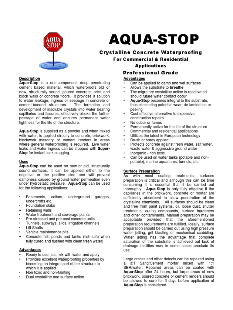Aqua-Stop Waterproofing Solutions | PDF | Concrete | Basement