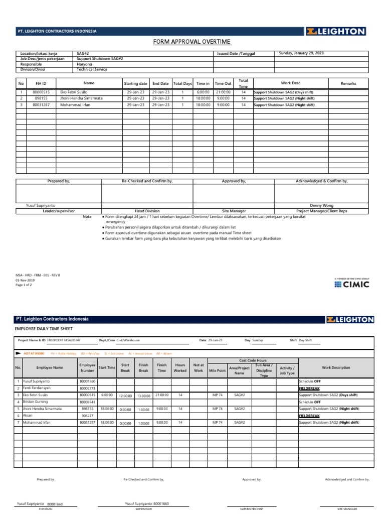 Form Timesheet & Overtime, 29-Jan-23 | PDF | Positions Of Authority | Labor