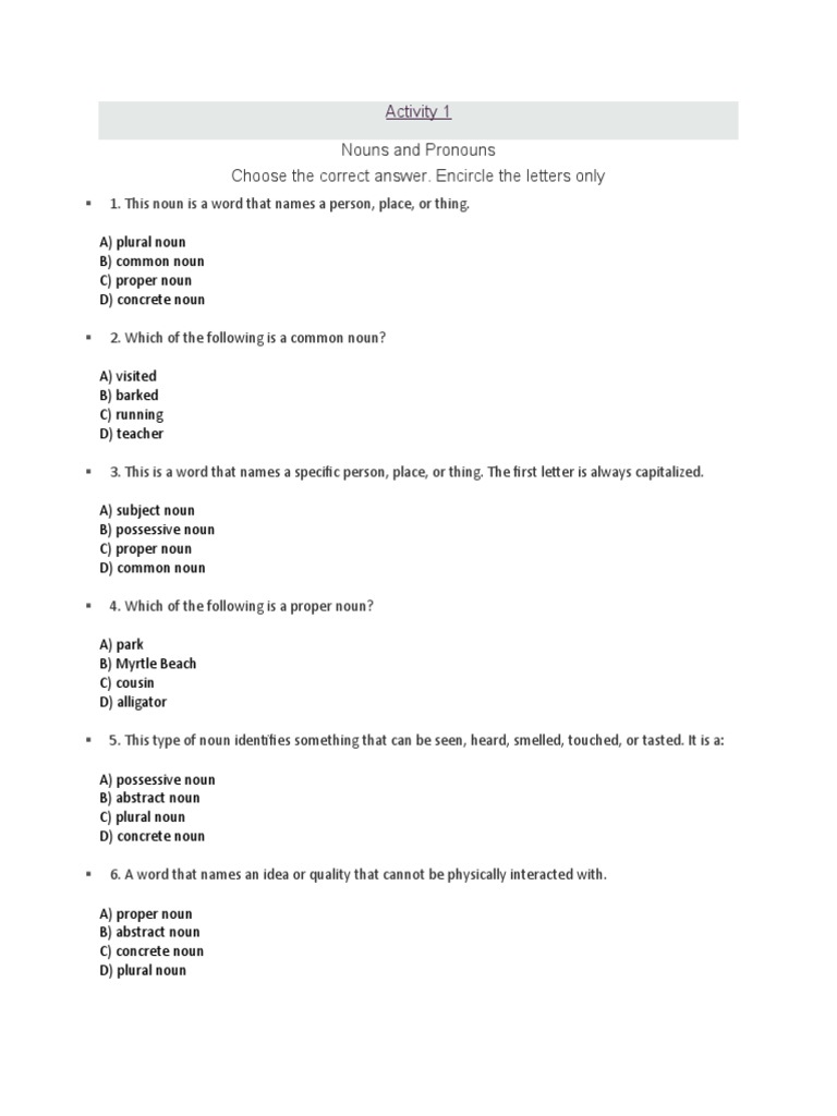 107395-Activity 1 Identifying Nouns and Pronouns in Sentences | PDF ...