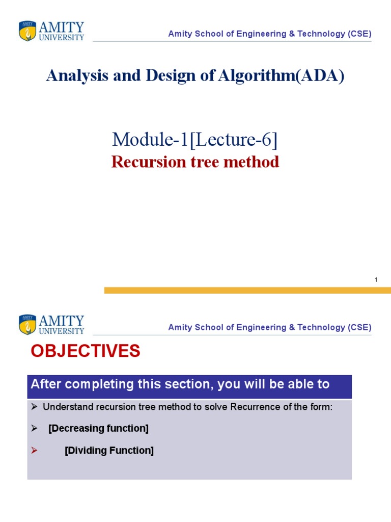Amity Mod-1 L6 Recursion Tree Method | PDF | Recurrence Relation | Theoretical Computer Science