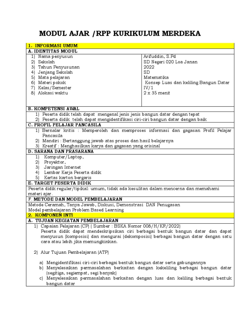 Modul Ajar /RPP Kurikulum Merdeka: 1. Informasi Umum A. Identitas Modul | PDF