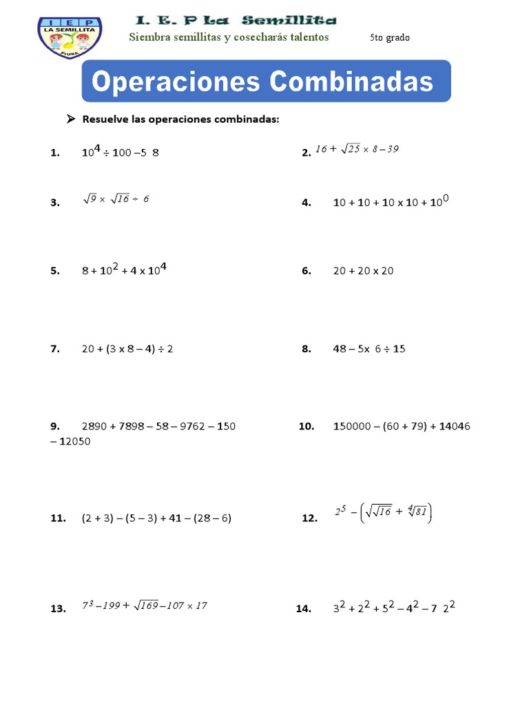Actividades de Operaciones Combinadas para Quinto de Primaria | PDF