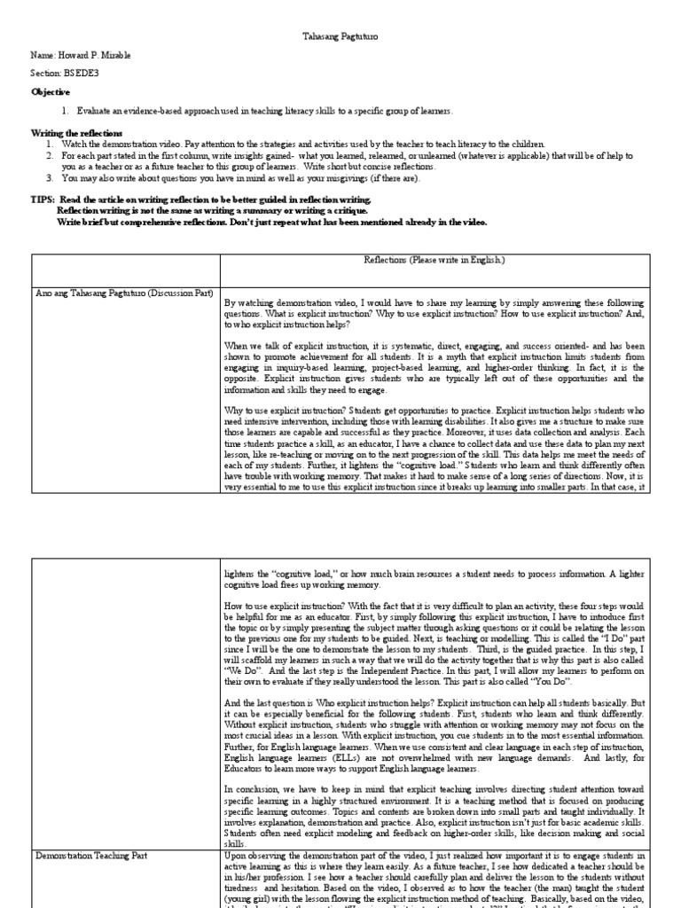 Mirable Self-Reflection (Ano Ang Tahasang Pagtuturo) Ede3 | PDF ...