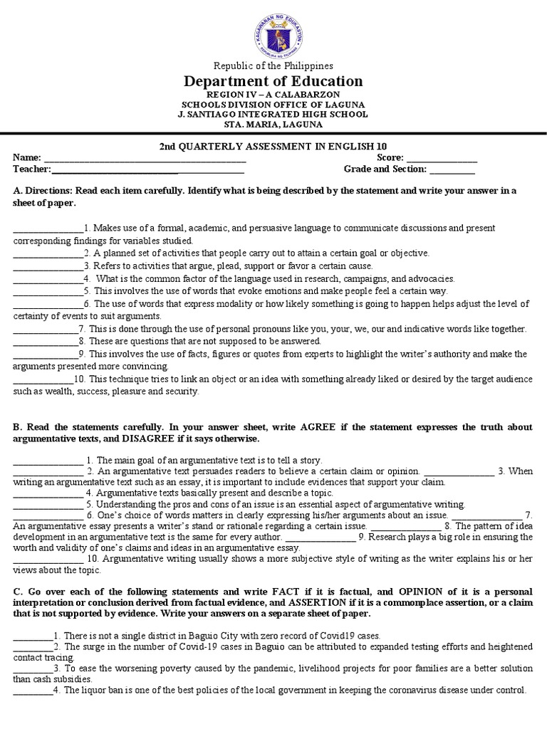 Second Periodical Test in English 10 | PDF | Essays | Argument