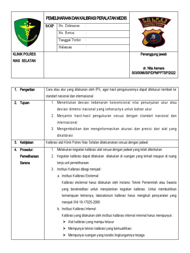 Sop Pemeliharaan Dan Kalibrasi Peralatan Medis | PDF
