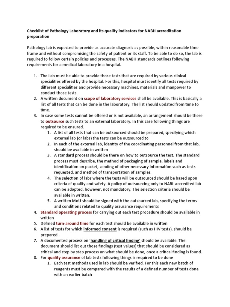Checklist of Pathology Laboratory and Its Quality Indicators For NABH ...