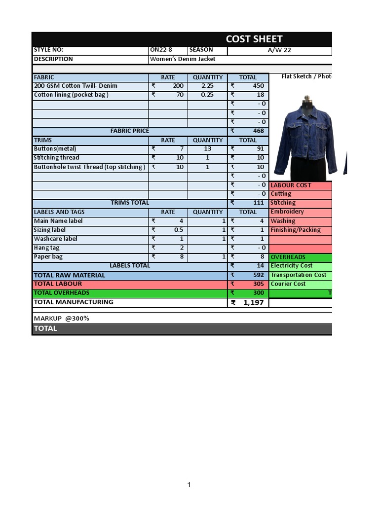Cost Sheet - Denimjacket - Muskan | PDF | Clothing | Textile Arts