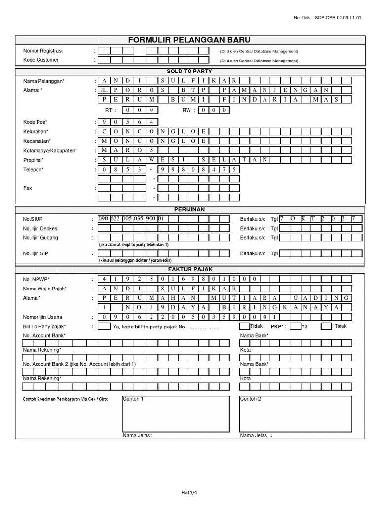 Formulir Registrasi Pelanggan Baru | PDF