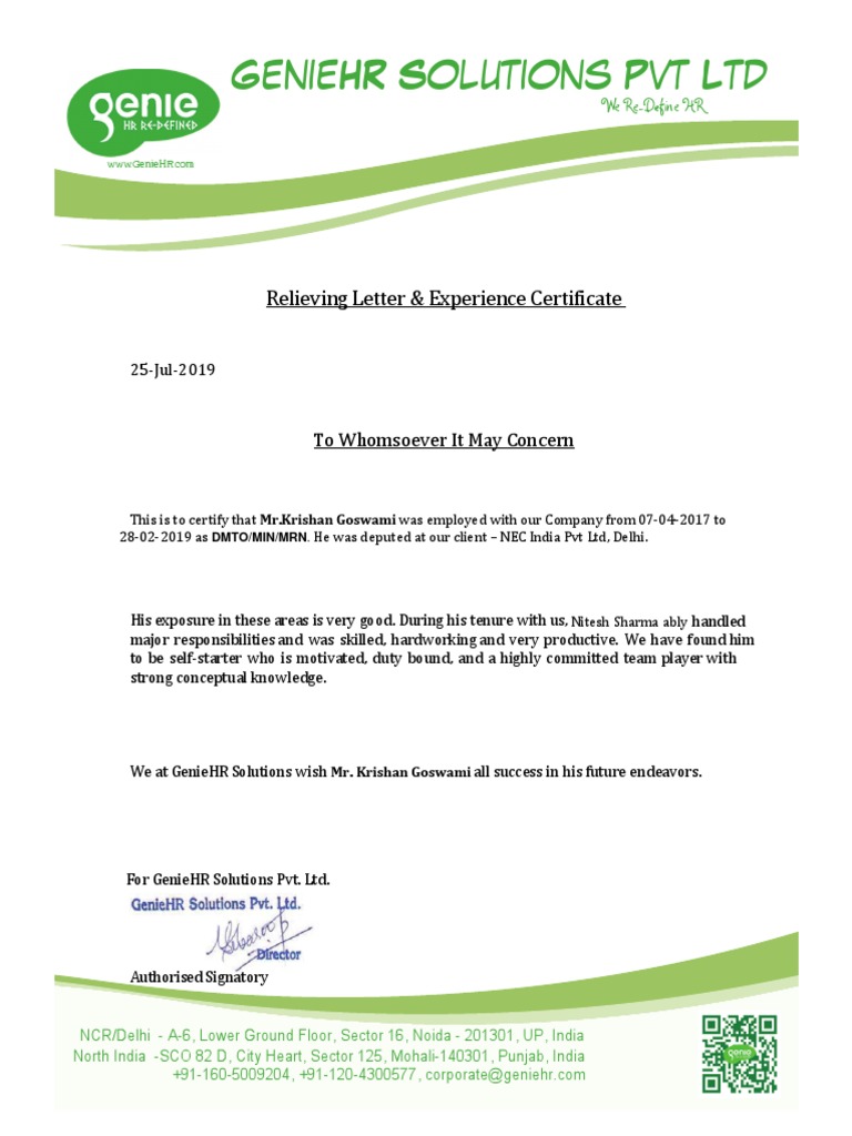 Krishna Goswami Relieving Letter | PDF