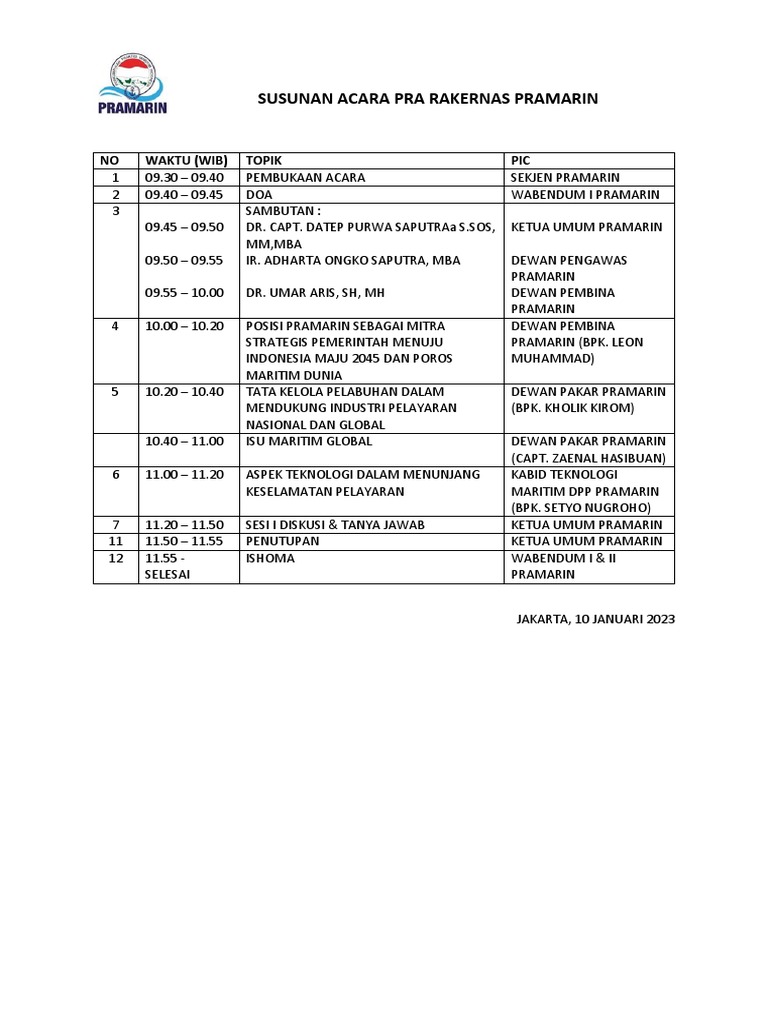 Susunan Acara Pra Rakernas Pramarin 10-01-2023 Rev5 | PDF Susunan Acara Pra Rakernas Pramarin 10-01-2023 Rev5 | PDF